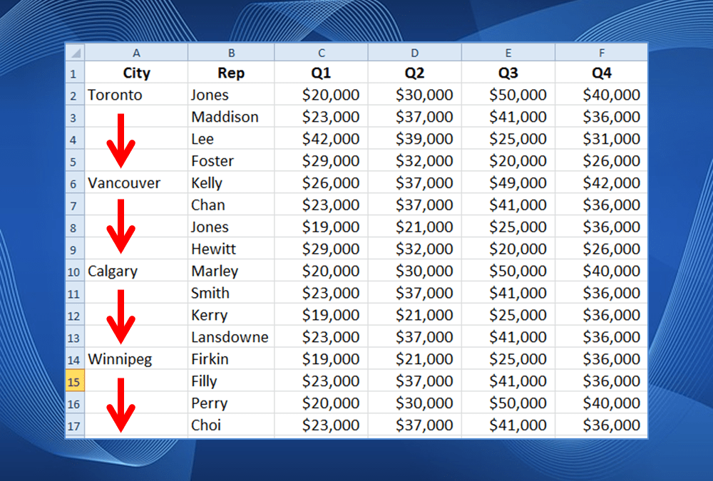 Quickly Fill In Missing Values From A Cell Above In Excel using A Few 
