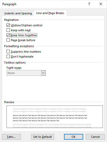 Stop paragraphs from breaking across pages in Word keep lines together Avantix Learning