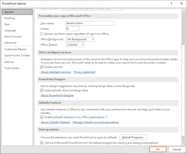 PowerPoint-designer-in-options-dialog-box - Avantix Learning