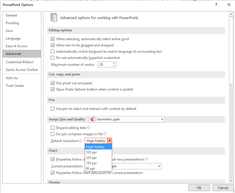 PowerPoint Options dialog box change default resolution of images to 