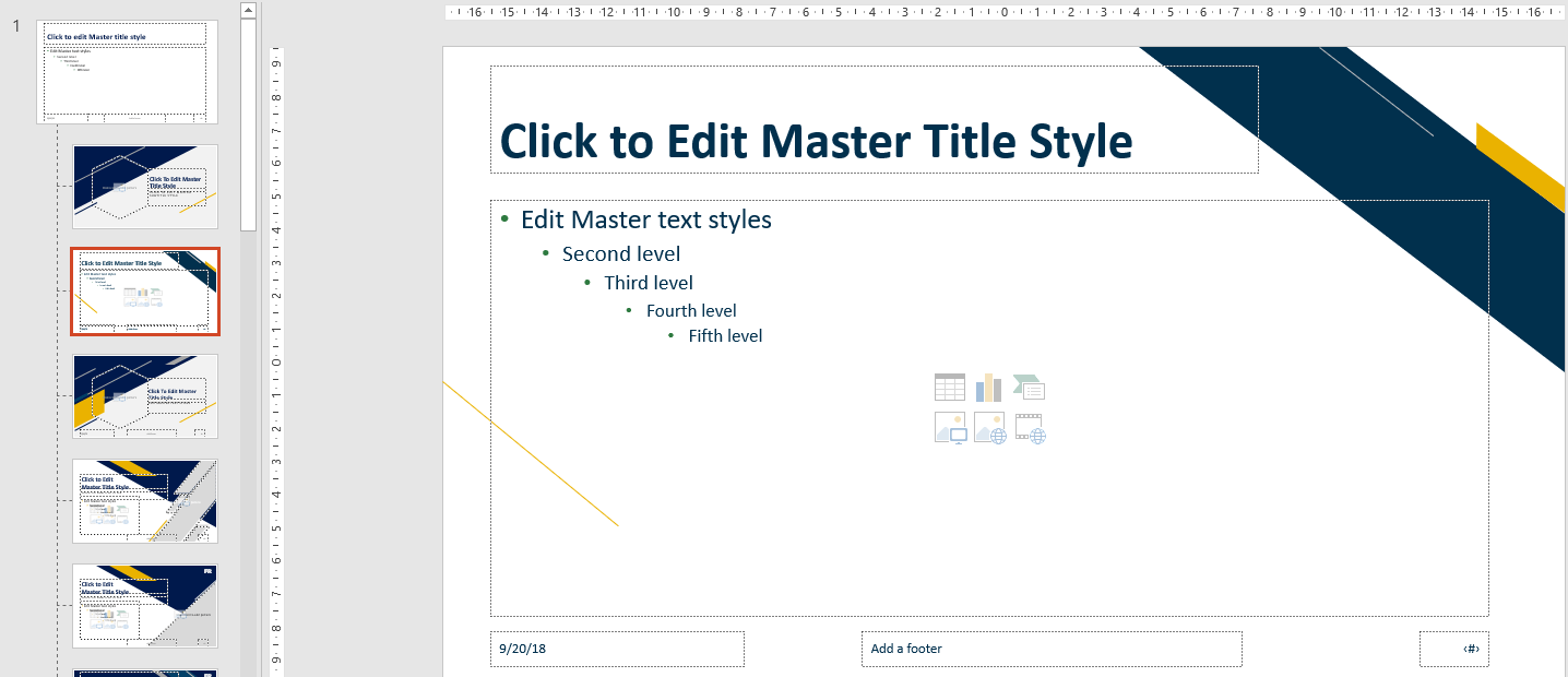 5 slide layout in slide master view powerpoin with footer placeholders 