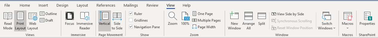 View tab in Word Ribbon display navigation pane to search for text 