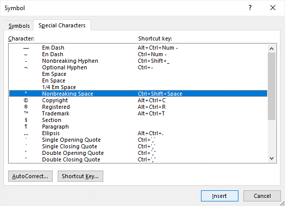 Insert symbol dialog box in word nonbreaking space Avantix Learning
