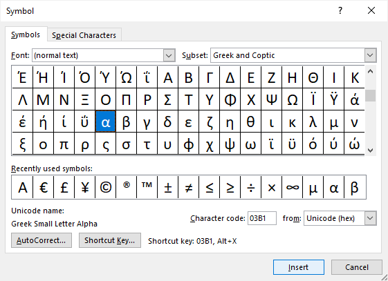 Insert symbol dialog box microsoft word alpha symbol Avantix Learning