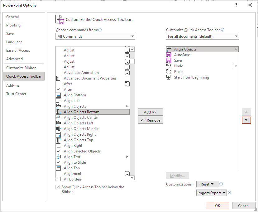 Adding alignment command to quick access toolbar in powerpoint to 