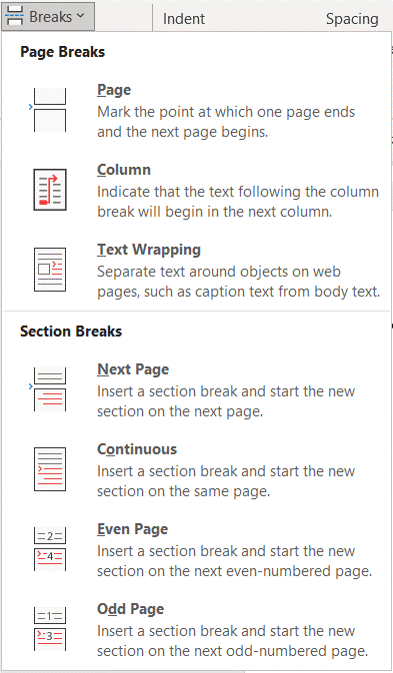 Breaks drop down menu in word Avantix Learning